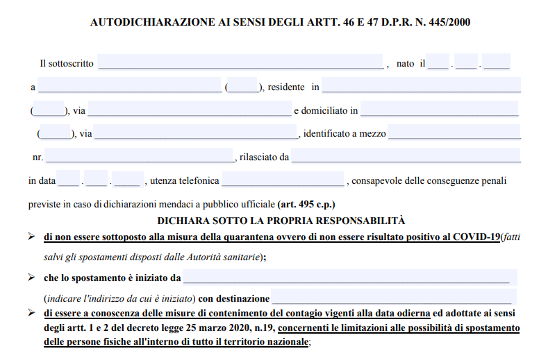 Il nuovo modulo di autocertificazione (18 maggio) da stampare